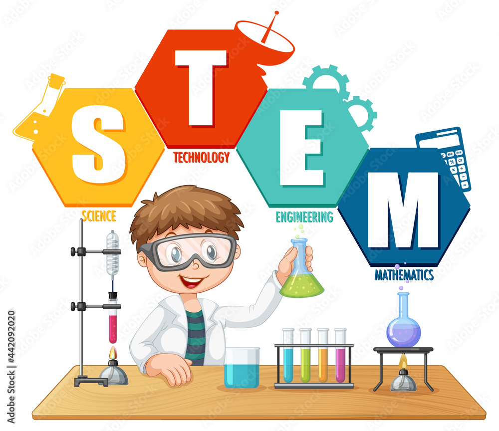 STEM education logo with scientist kid cartoon character Stock Vector ...