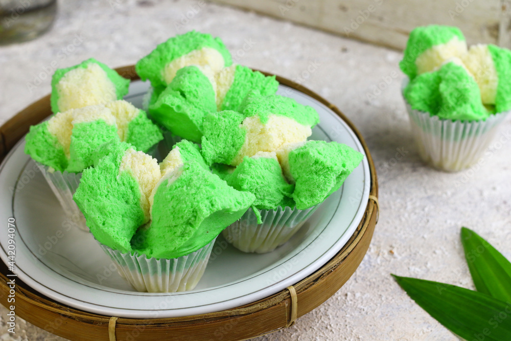 Bolu Kukus Pandan or Flower bloom steam cake, Indonesian traditional ...