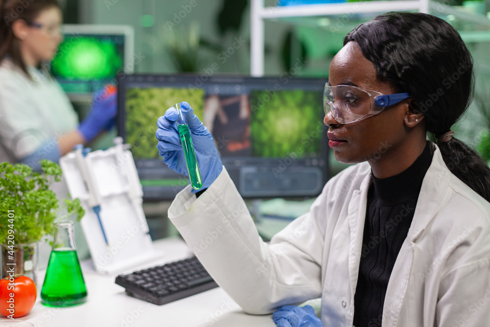 African reseacher looking at test tube with green dna of sapling ...