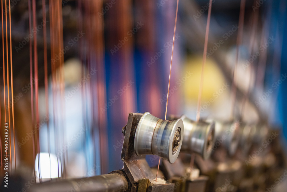 Copper wire cable production in coils, metal steel industrial plant ...