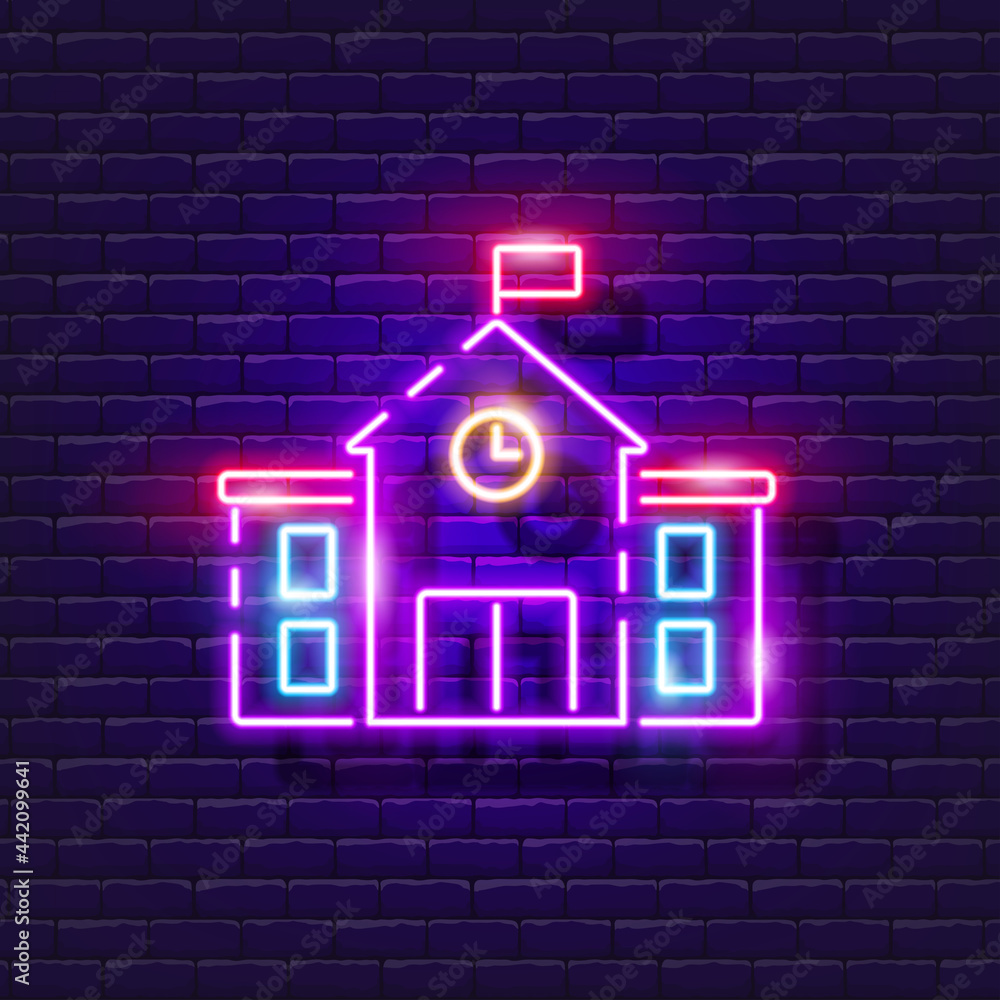 School neon sign. University building, school, hospital glowing icon ...