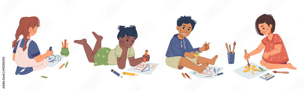 Children playing and drawing with crayons, isolated boys and girls with ...