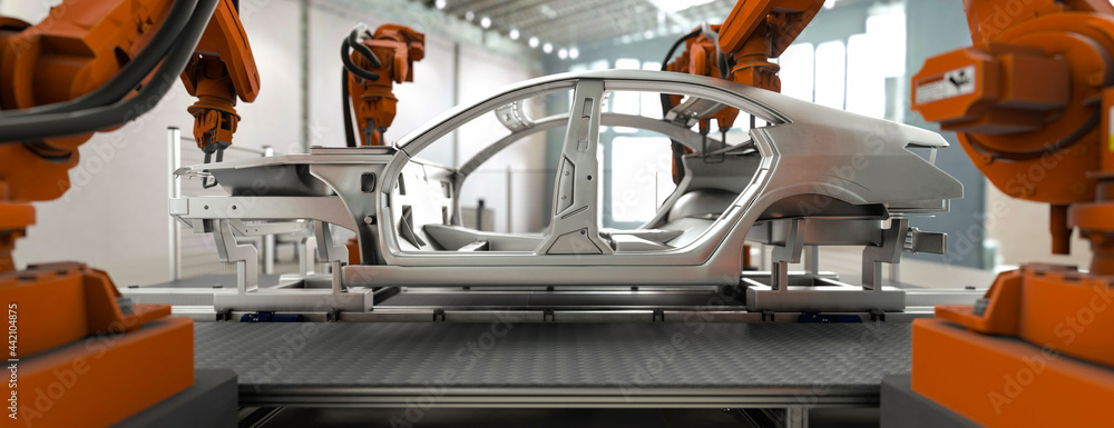 Modern car production line with robotic arms welding components 3d ...