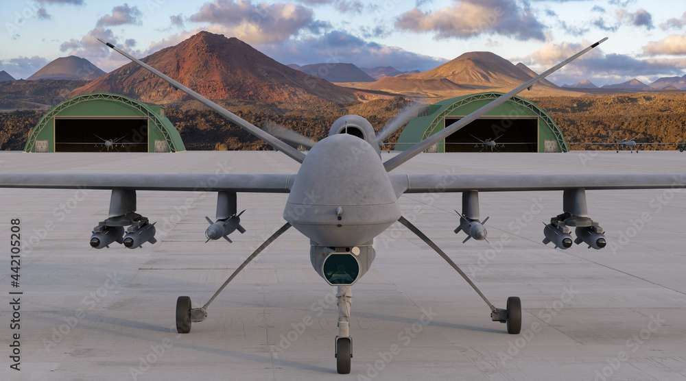 MQ-9 Reaper combat drone with weapons on the runway at the base Stock ...