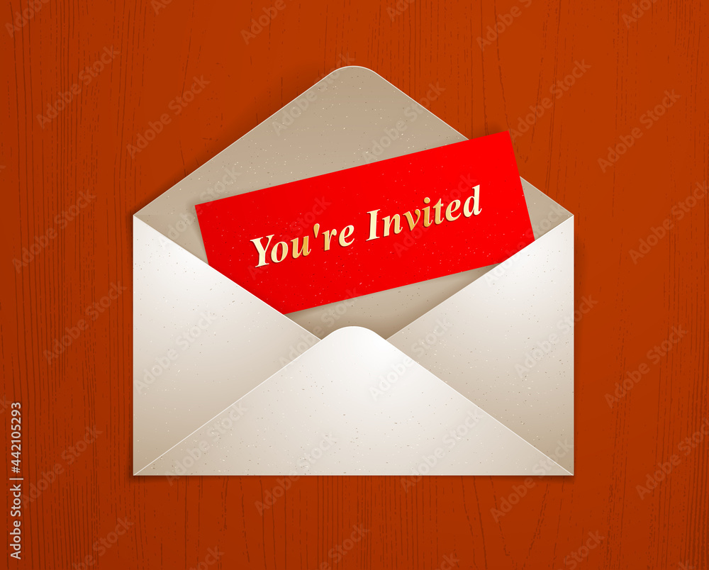 Postal envelope with invitation card over wooden background realistic ...