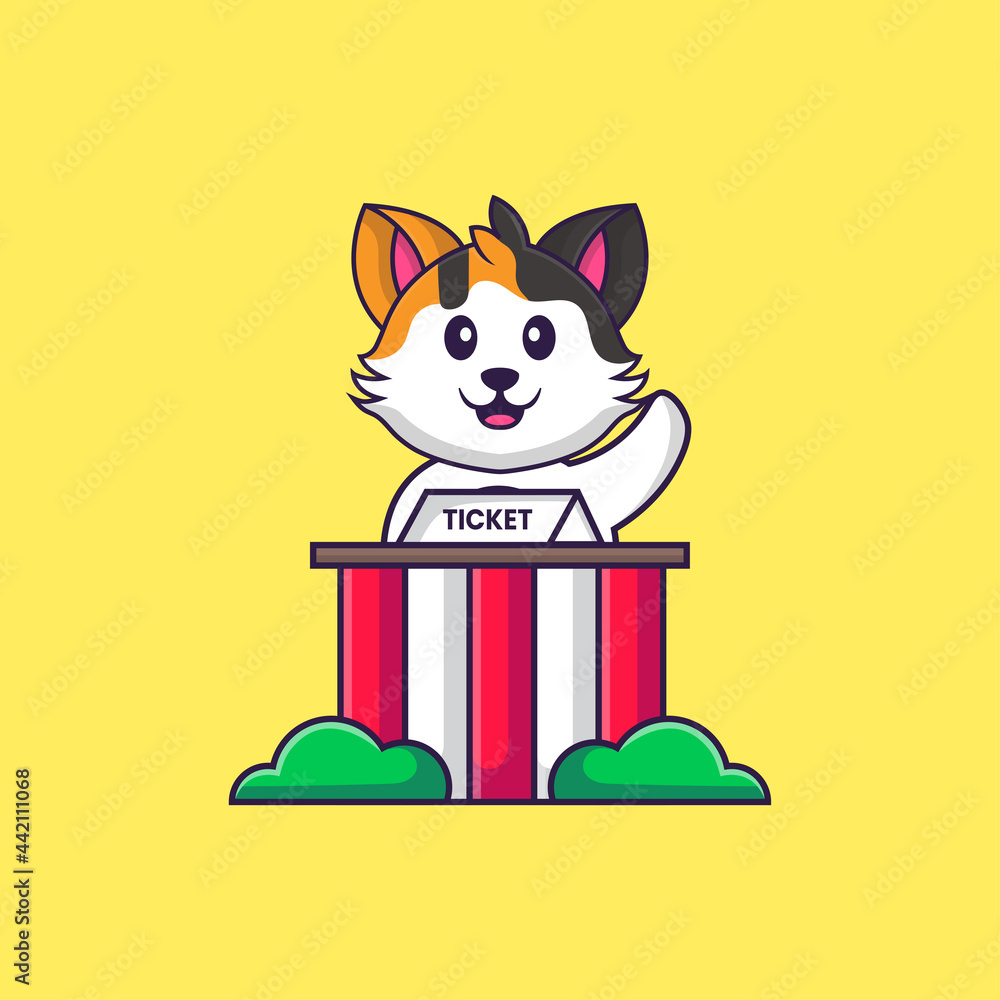 Cute cat is being a ticket keeper. Animal cartoon concept isolated. Can ...