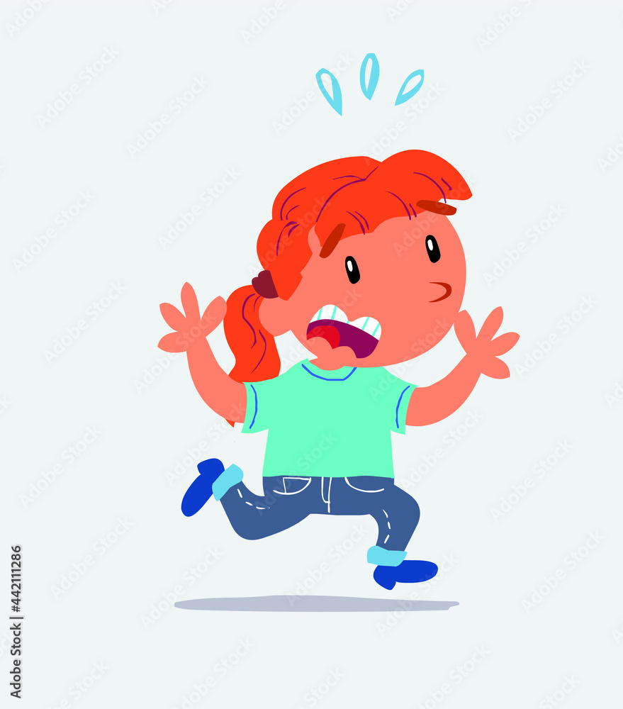 cartoon character of little girl on jeans runs away in terror Stock ...