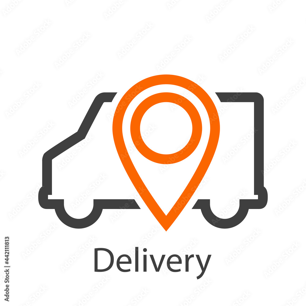 Logo con texto Delivery con camión de transporte con marcador de ...