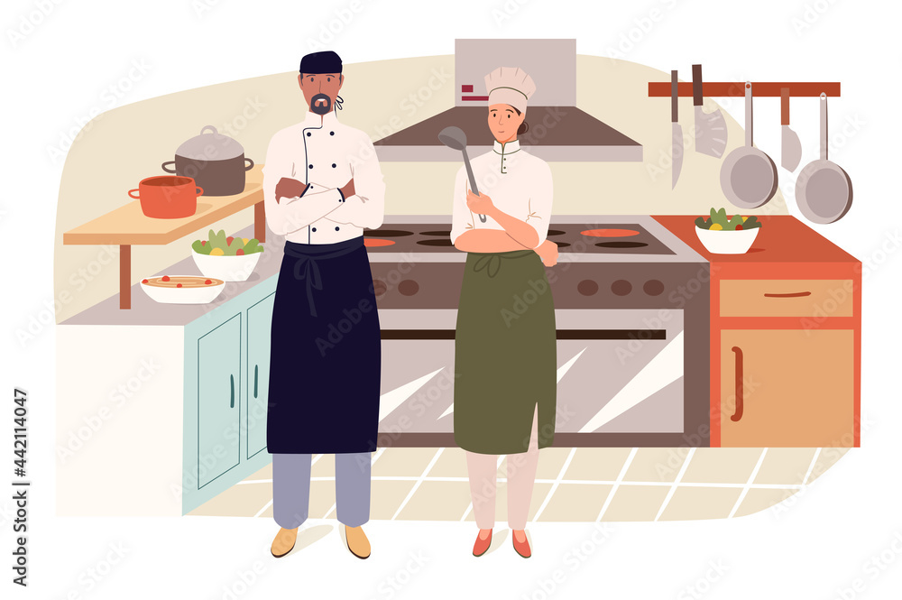 Restaurant staff in kitchen web concept. Chef and assistant cooking in ...
