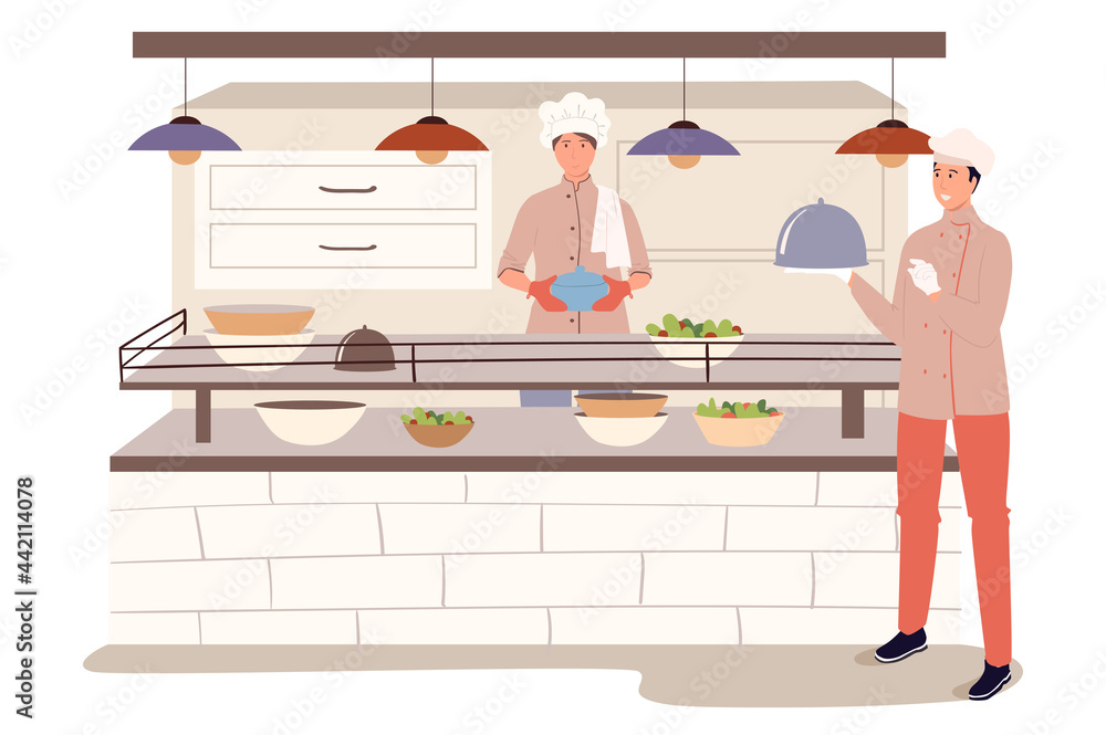 Restaurant staff in kitchen web concept. Chef places ready meals on ...