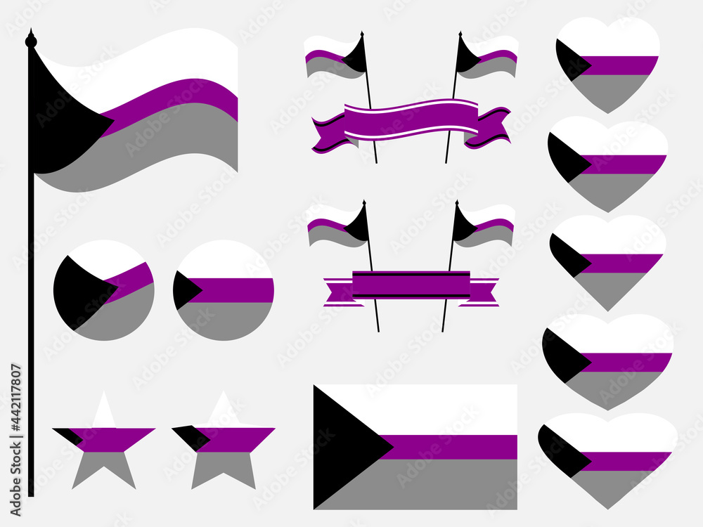 Demisexual pride flag collection of symbols. Hearts, stars and circles ...