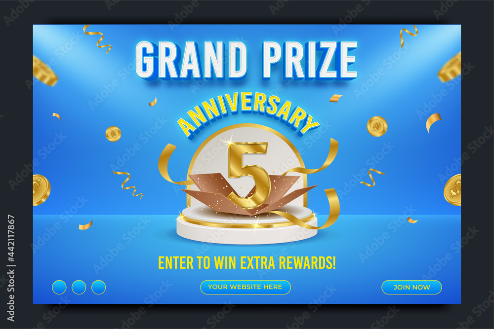 Grand prize anniversary horizontal banner template, realistic podium ...