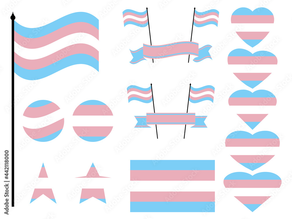 Transgender pride flag collection of symbols. Hearts, stars and circles ...