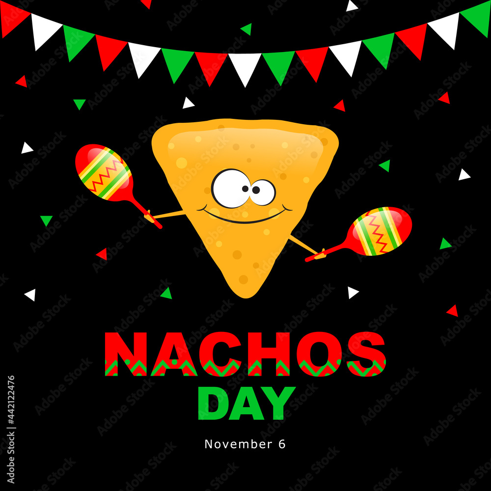 Cartoon nachos with a smile on his face and maracas in his hands, black ...