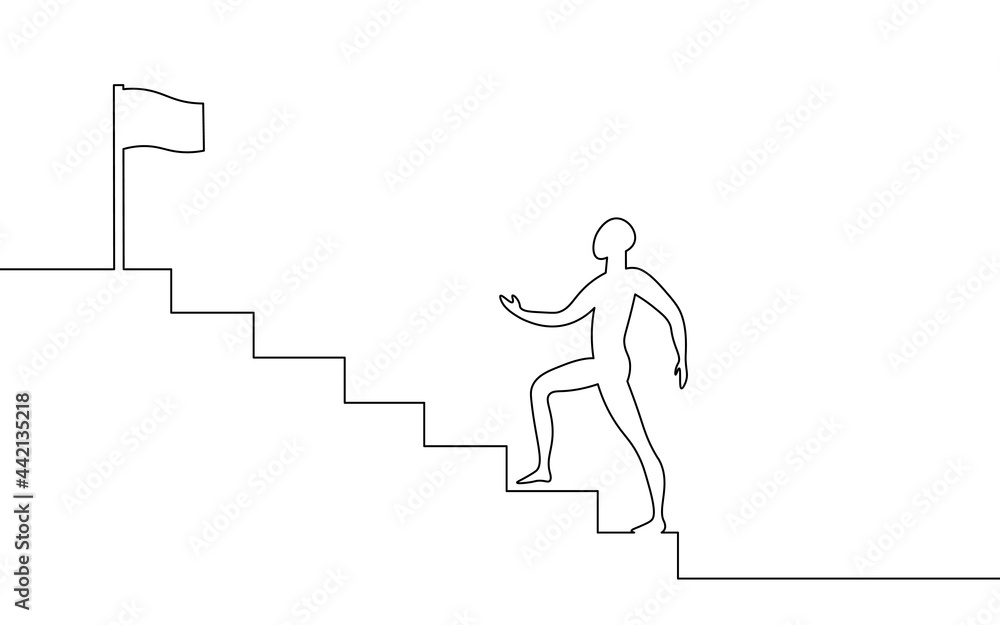One Line Art Man Step Up Stairs Road To Success Teamwork Career Progress Continuous Line Job
