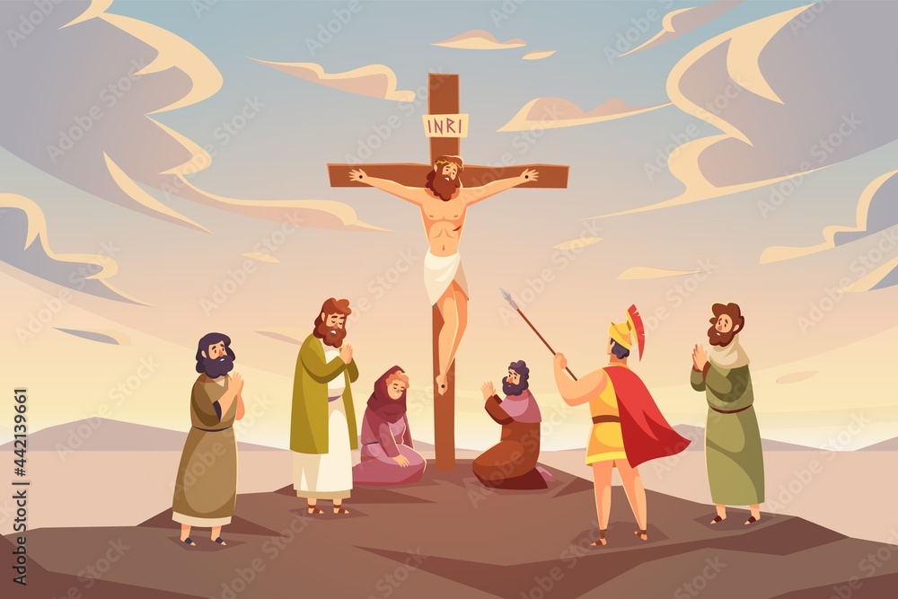 Vetor de Christ crucifixion. Dying Jesus on Cross dramatic bible scene ...