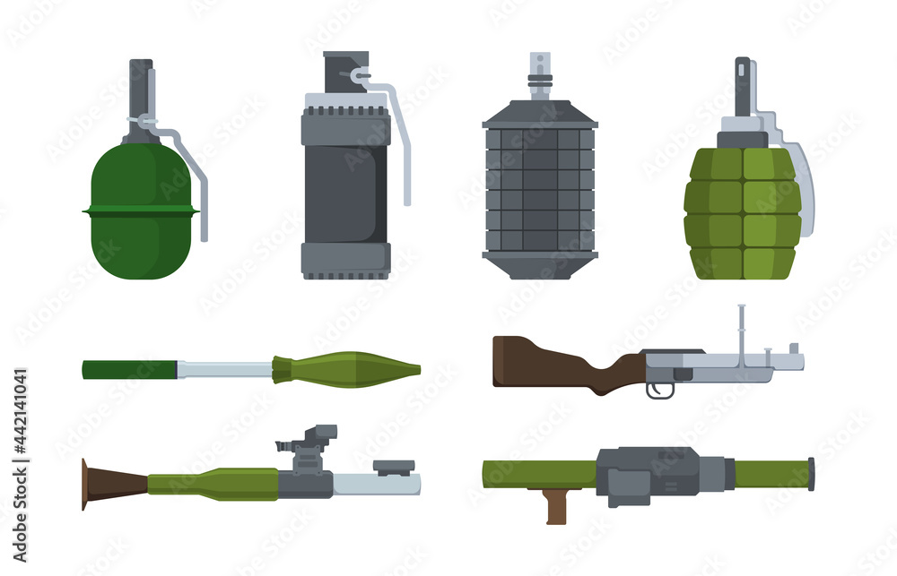 Vecteur Stock Weapons. Heavy artillery military items grenade launchers bazookas bombs ...
