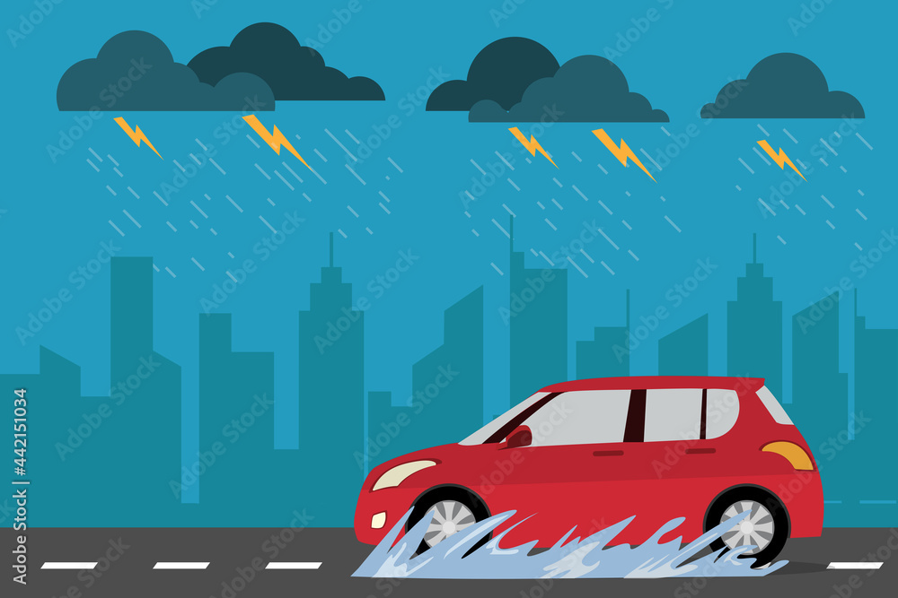 red car on the street in rainy day cityscape background. Drive safely ...