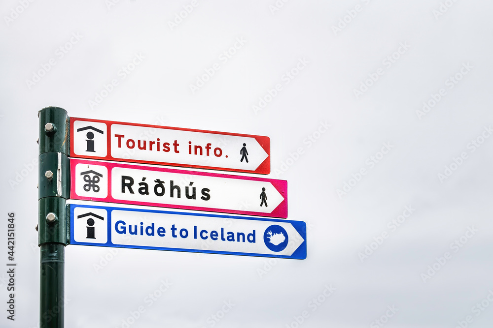 Reykjavik, Iceland street road in downtown center and sign for ...