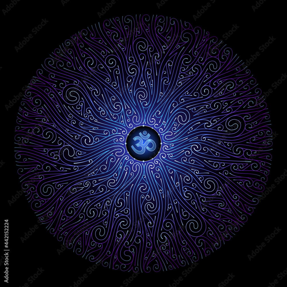 Vector sacred mandala with spiritual symbol Om. Complex graphic art ...