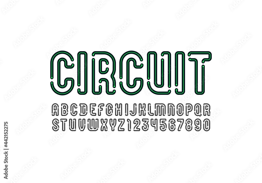 Electro trendy font, condensed green alphabet, uppercase letters from A ...
