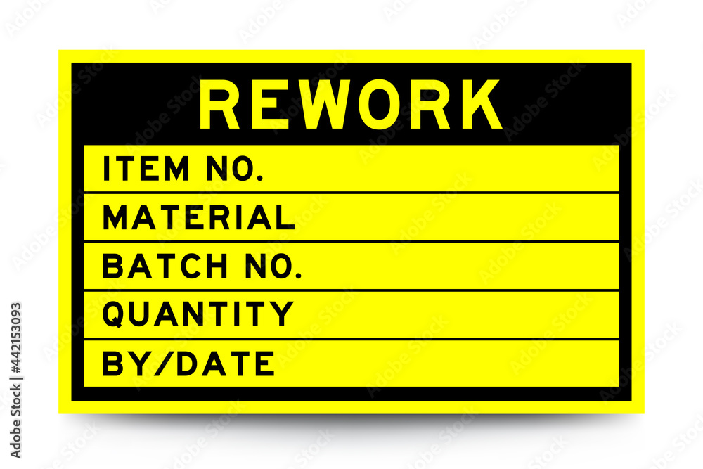 Square yellow color label banner with headline in word rework and ...
