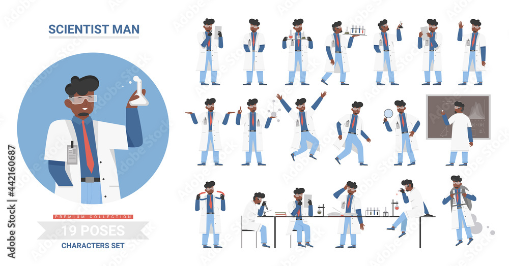 African american black scientist man poses vector illustration set ...