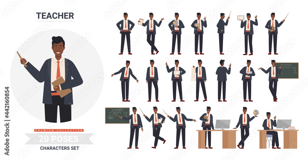 African american black teacher man poses vector illustration set ...
