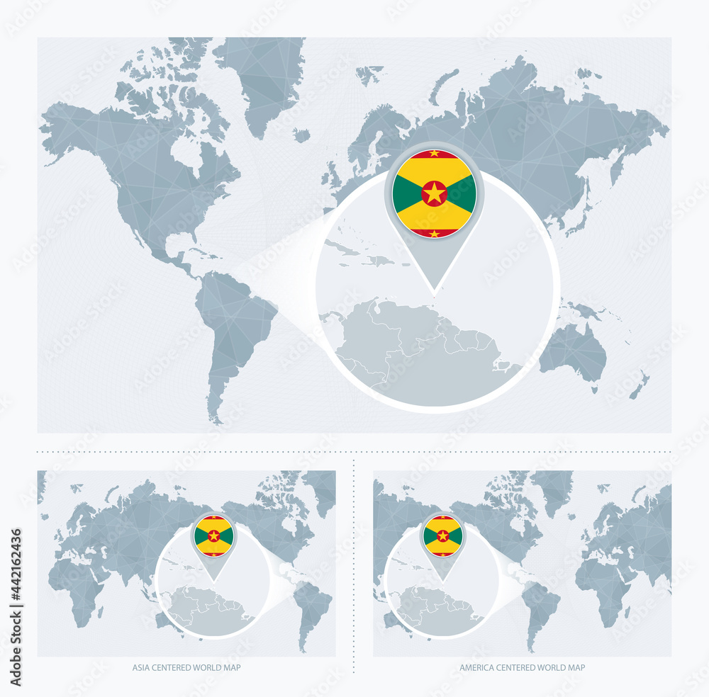 Magnified Grenada over Map of the World, 3 versions of the World Map ...