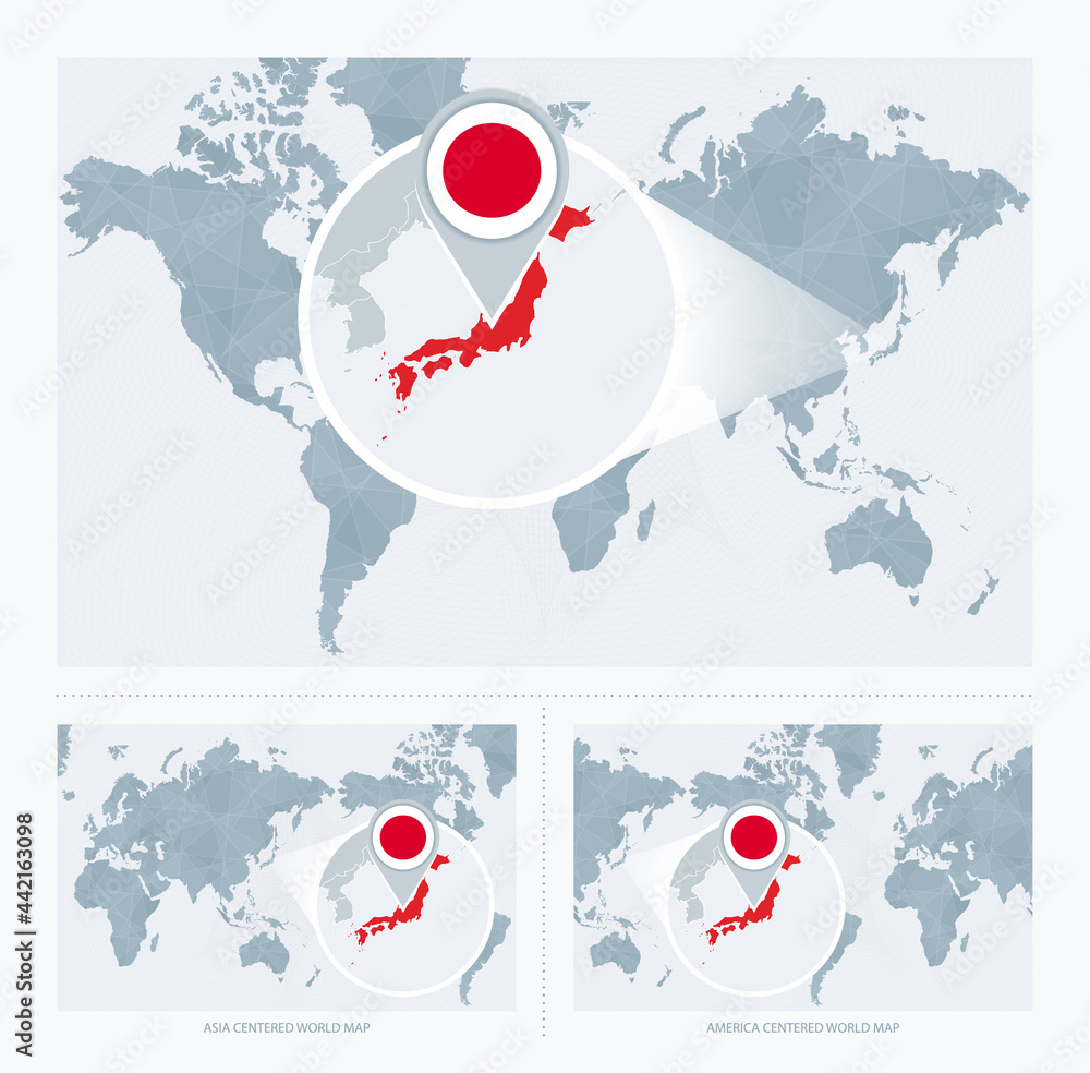 Magnified Japan over Map of the World, 3 versions of the World Map with ...