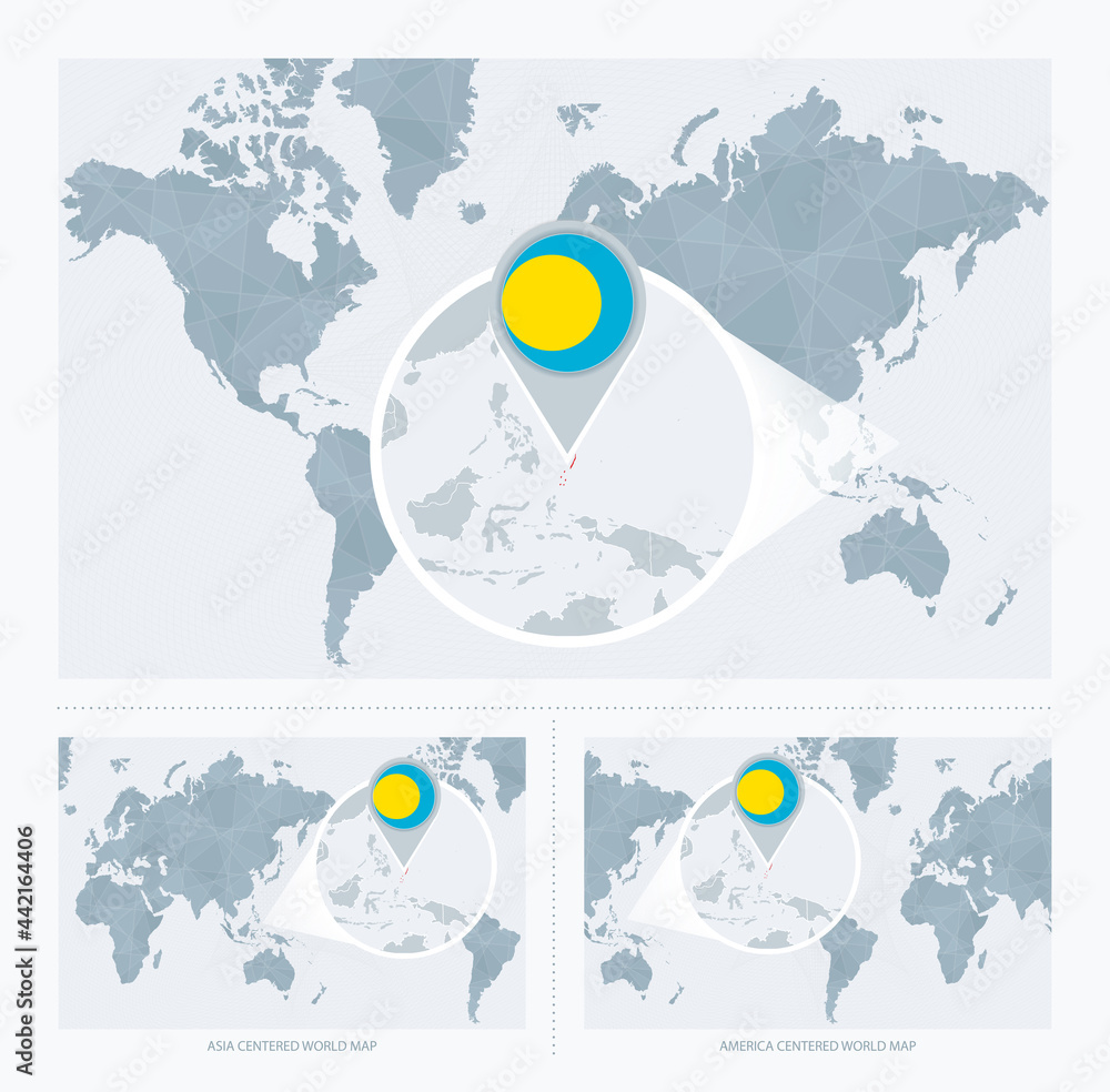 Magnified Palau over Map of the World, 3 versions of the World Map with ...