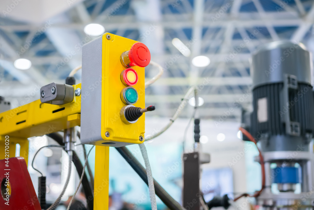 Machine control panel with push buttons and switches - emergency stop ...