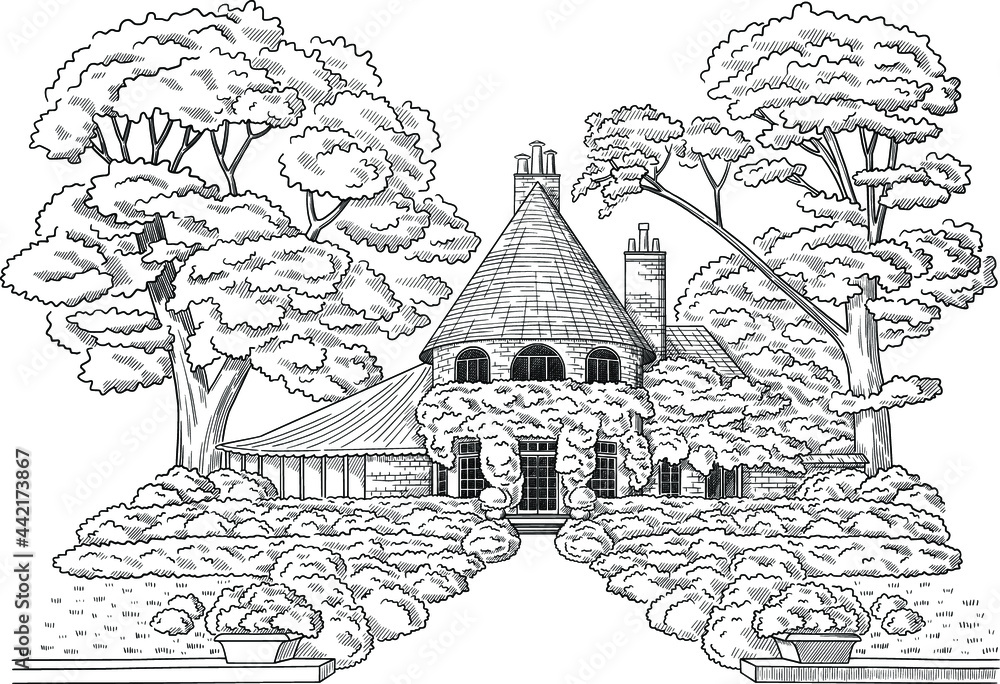 Vector illustration with style mansion, country estate. Building ...