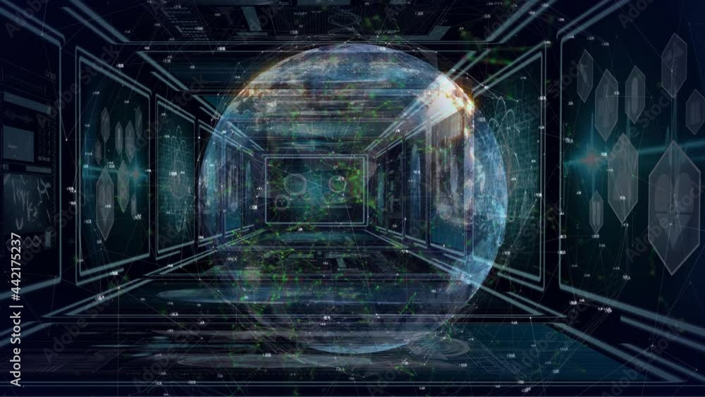 Animation of globe and network of connections over data processing on ...