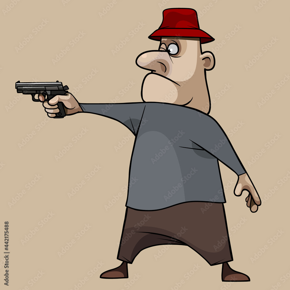cartoon man in red hat standing and aiming with pistol Stock Vector ...