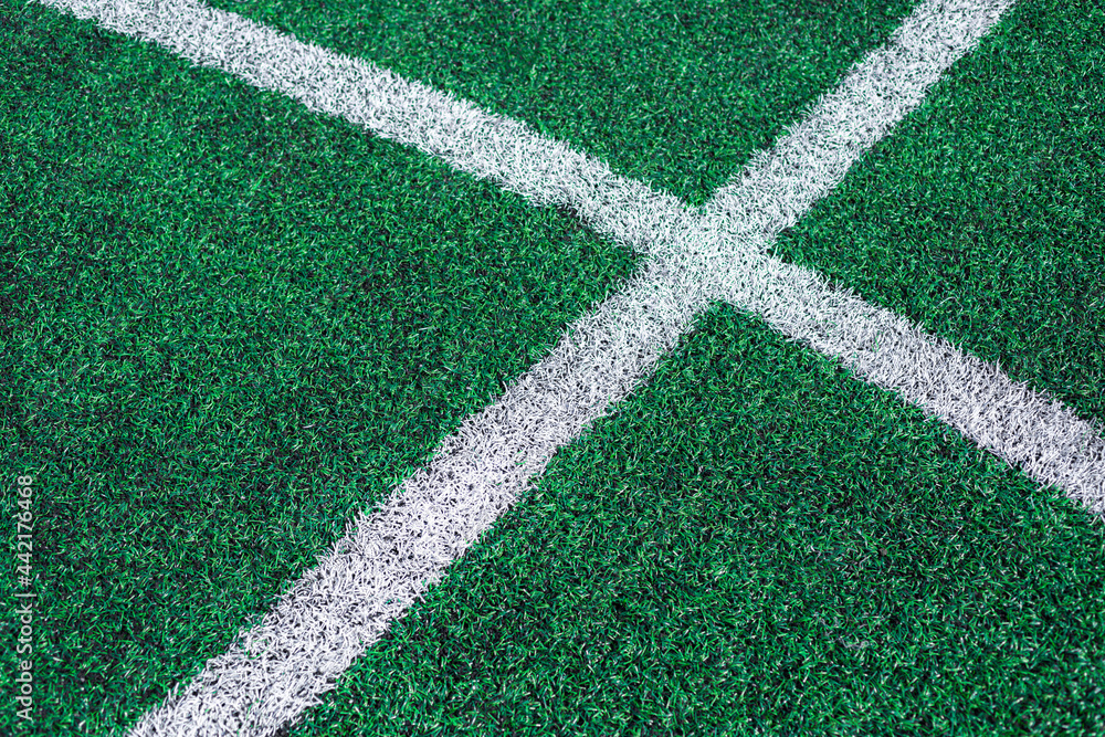 football field. green grass and white soccer field markings Stock Photo ...
