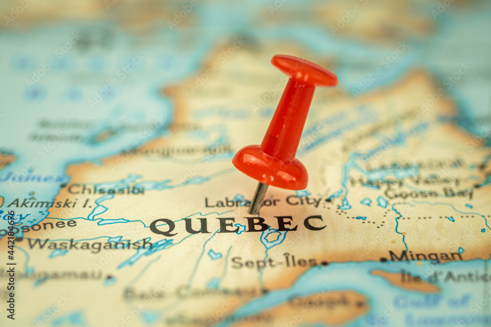 Location Quebec province in Canada, map with red push pin pointing ...