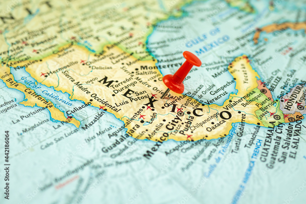 Location Mexico, map with red push pin pointing close-up, North America ...