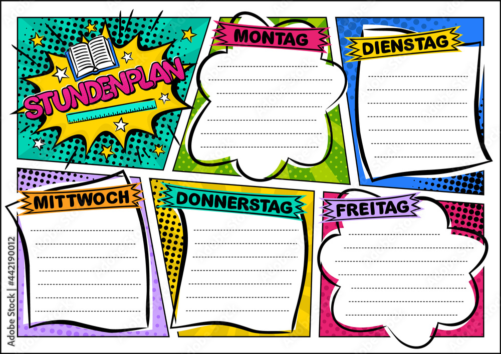 German Comic template of a school schedule for 5 days of the week ...