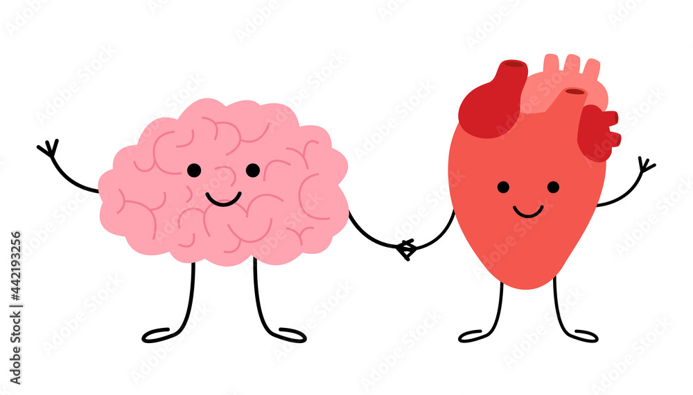 Connection of cute healthy happy brain and heart characters. Relation ...