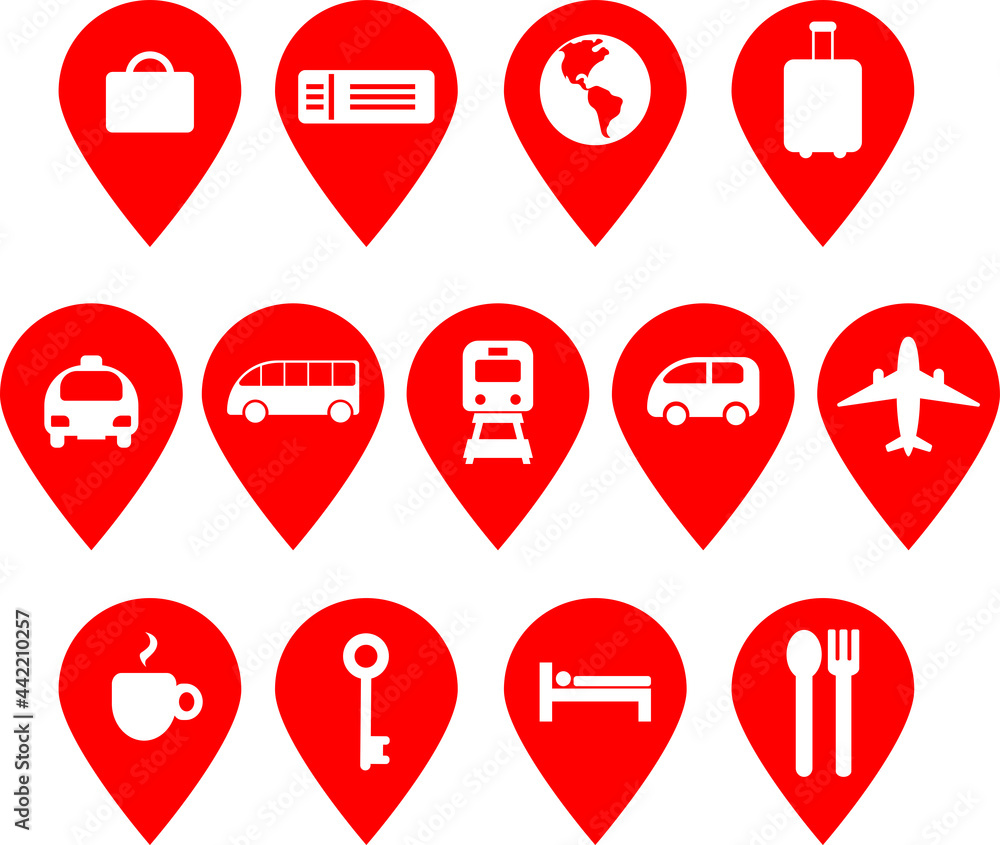 map marker. Set of red location, localisation point, spot with travel ...