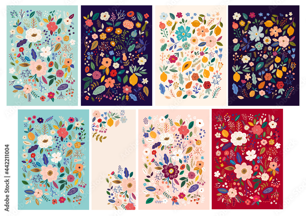 Beautiful flower collection of posters with roses, leaves, floral ...