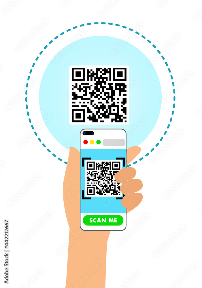 Hands holding phone with qr code. QR code sample for smartphone ...