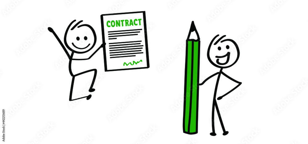 Greet news, stick figures man sign the contract. Cartoon happy stickman ...