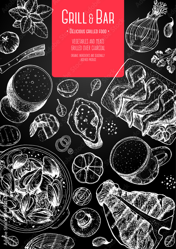 Grill bar menu design template. Grilled meat and vegetables top view ...