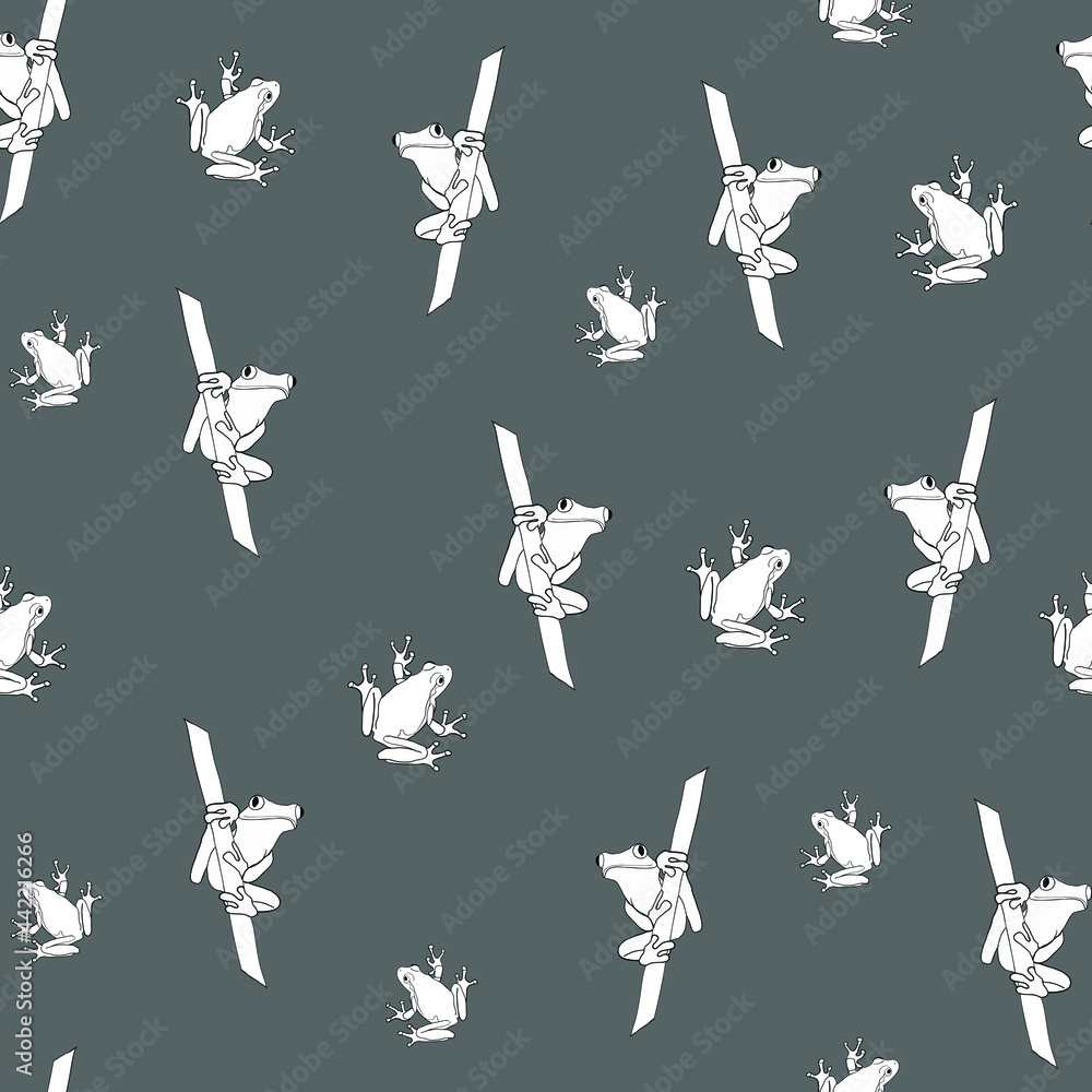 seamless pattern with white illustration of Frog Isolated On grey ...