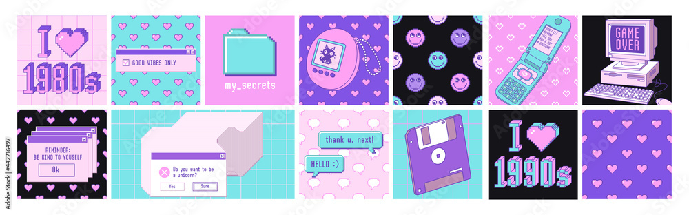 Old computer aesthetic 1980s -1990s. Square posters. Sticker pack with ...
