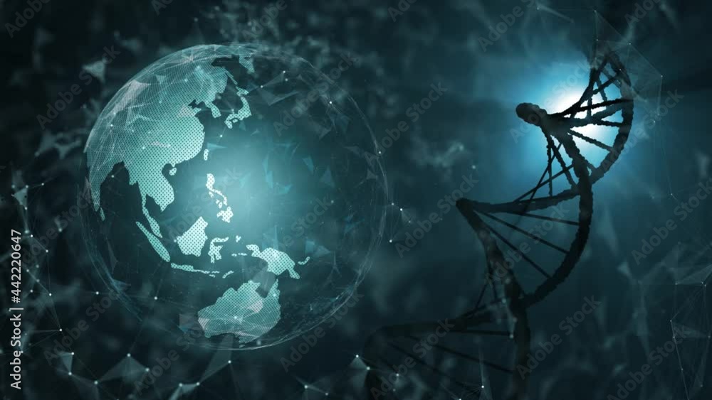 Earth globe world map and rotating of a dna helix molecule on ...