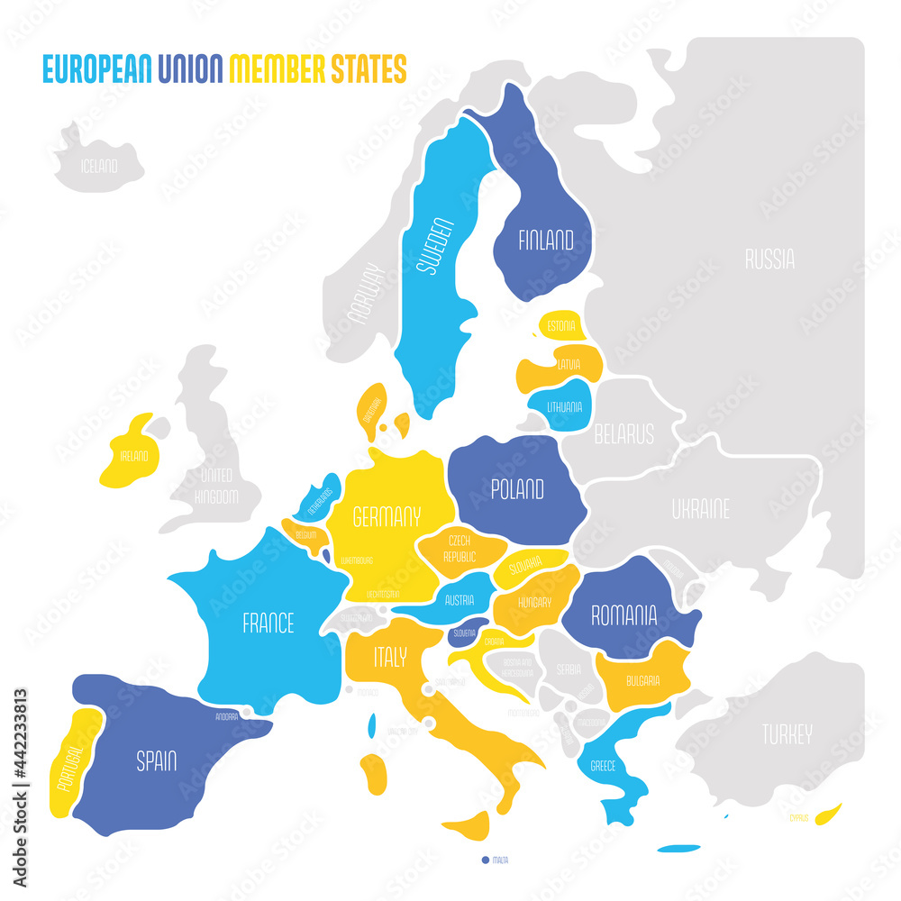 Simplified map of EU, European Union. Rounded shapes of states with ...