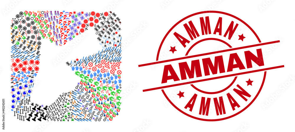 Vector collage Jordan map of different icons and Amman stamp. Collage ...
